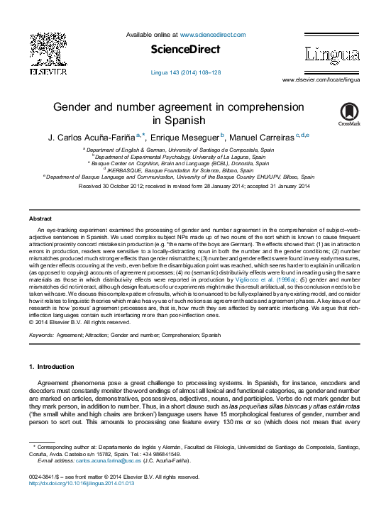(PDF) Gender and number agreement in comprehension in Spanish