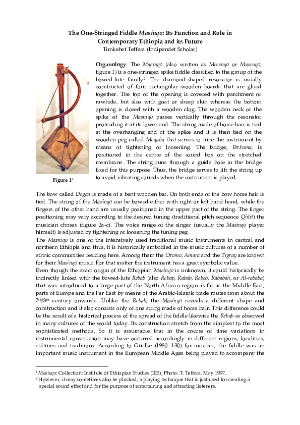 (PDF) Timkehet Teffera (2009). The One-Stringed Fiddle Masinqo: Its ...