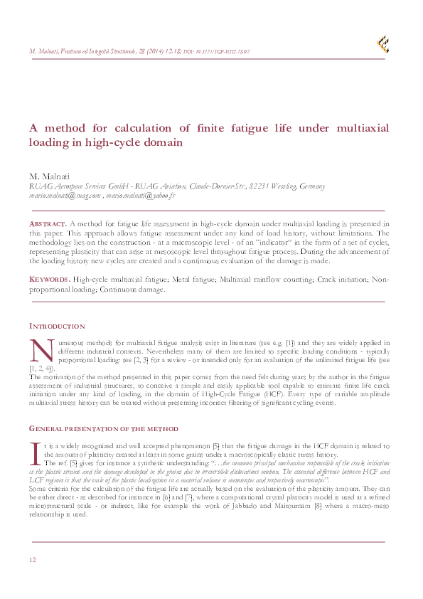 Pdf A Method For Calculation Of Finite Fatigue Life Under Multiaxial Loading In High Cycle Domain