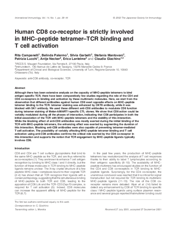 (PDF) Human CD8 co-receptor is strictly involved in MHC-peptide ...