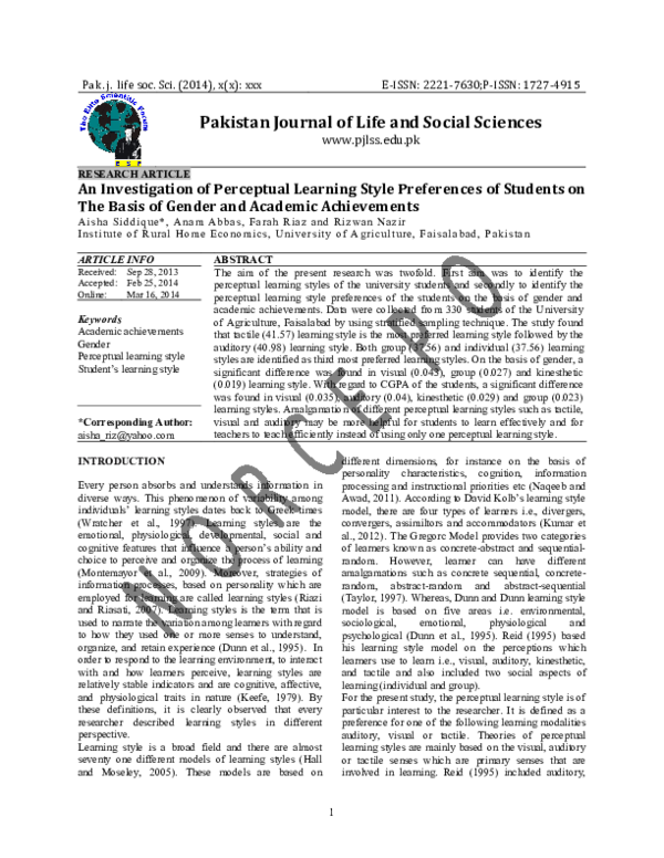 (PDF) An Investigation of Perceptual Learning Style Preferences of Students on The Basis of ...