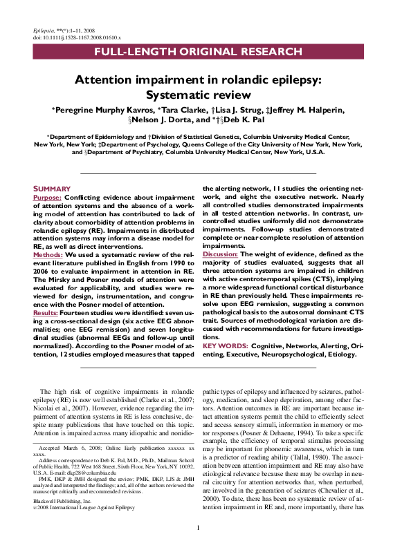 (PDF) Attention impairment in rolandic epilepsy: Systematic review