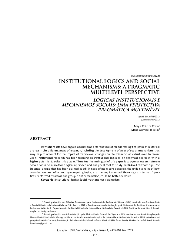 (PDF) INSTITUTIONAL LOGICS AND SOCIAL MECHANISMS: A PRAGMATIC MULTILEVEL PERSPECTIVE