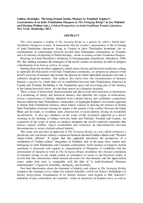 (PDF) Revising Female Indian Memory in Trinidad: Espinet's Construction ...