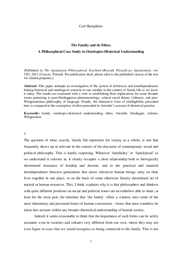 The Family and its Ethos. A Philosophical Case Study in Ontologico ...