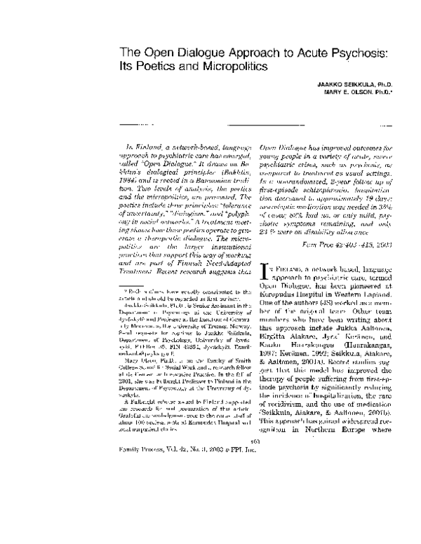 (PDF) open dialogue approach to acute psychosis: it's poetics and ...