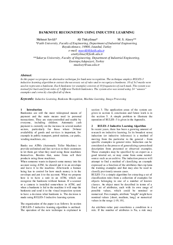 (PDF) BANKNOTE RECOGNITION USING INDUCTIVE LEARNING