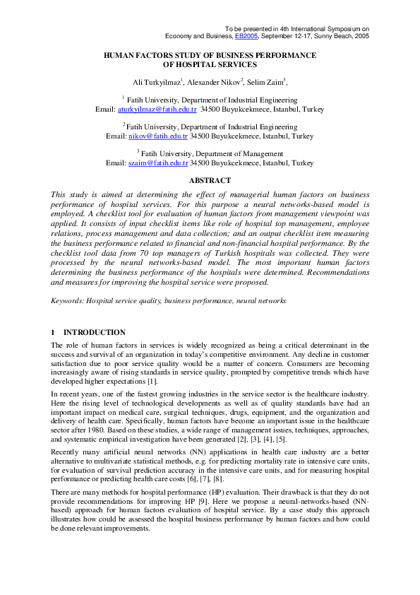 (PDF) HUMAN FACTORS STUDY OF BUSINESS PERFORMANCE OF HOSPITAL SERVICES ...