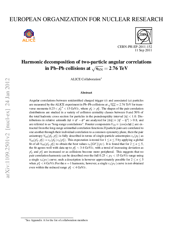 (PDF) Harmonic decomposition of two-particle angular correlations in Pb-Pb collisions at ...