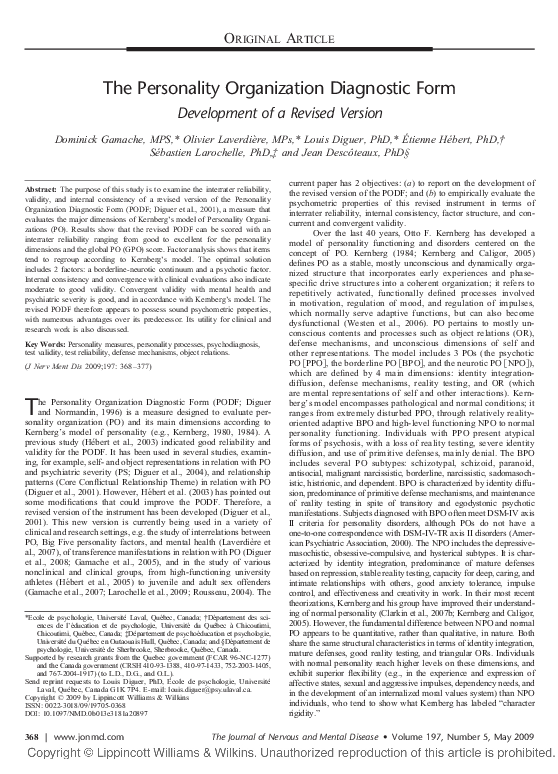 (PDF) The Personality Organization Diagnostic Form: Development of a ...