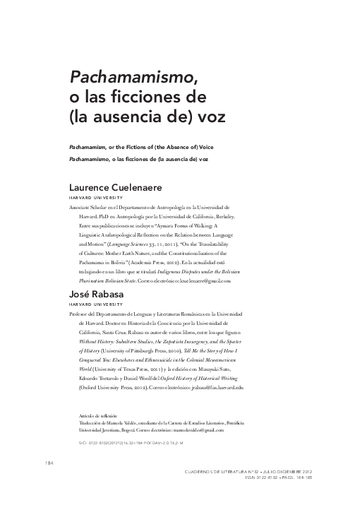 (PDF) Laurence Cuelenaere y José Rabasa/ Pachamamismo, o las ficciones ...