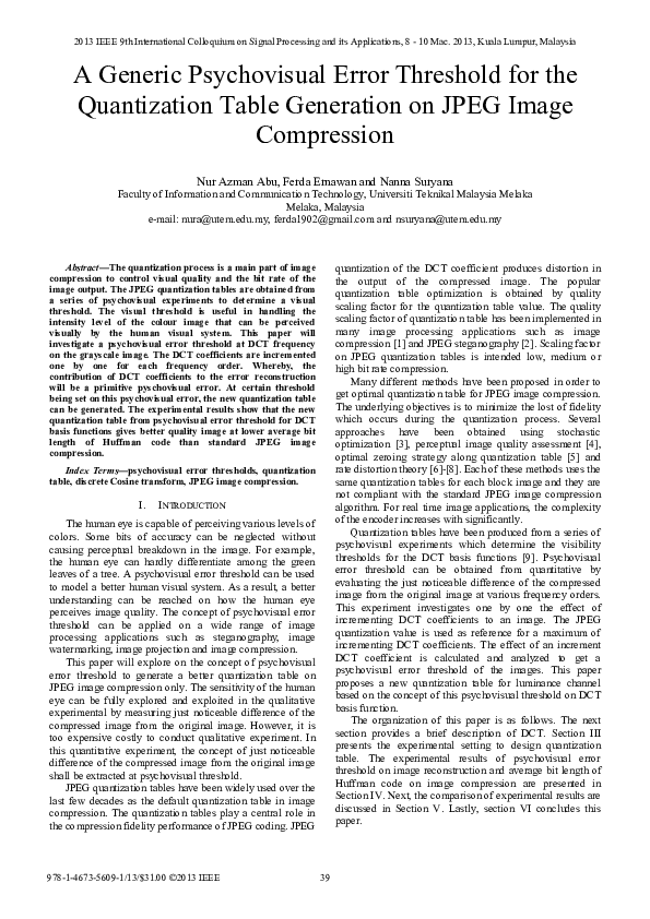 (PDF) A Generic Quantization Table Based on Psychovisual Error Threshold for JPEG Image Compression