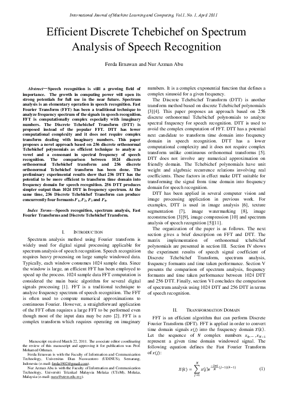 (PDF) Efficient Discrete Tchebichef on Spectrum Analysis of Speech Recognition