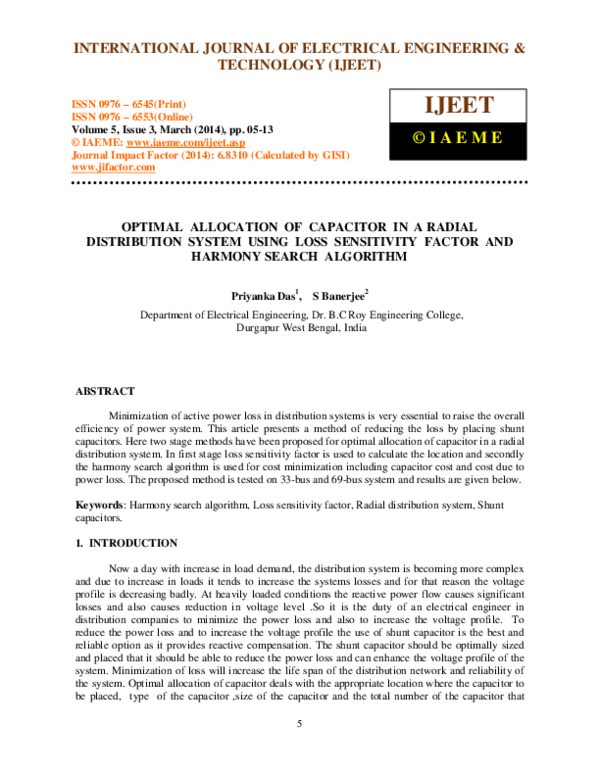 Pdf Optimal Allocation Of Capacitor In A Radial Distribution System Using Loss Sensitivity