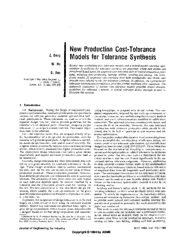 (PDF) Z. Dong New Production Cost-Tolerance Models for Tolerance Synthesis