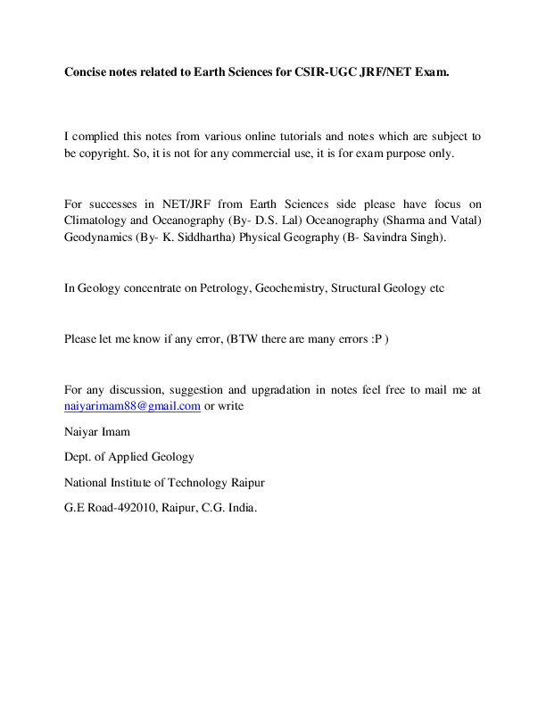(DOC) Earth Sciences Notes CSIR-UGC NET/JRF (DOC) Earth Sciences Notes CSIR-UGC NET/JRF