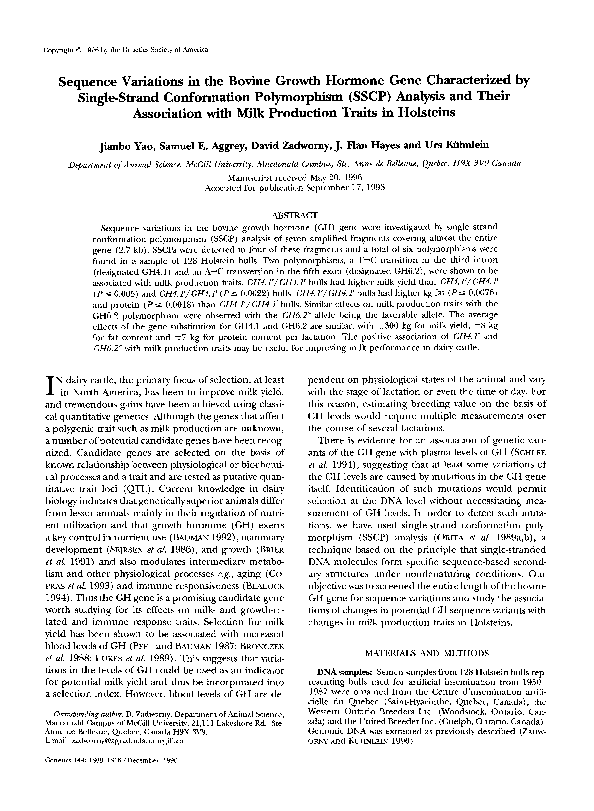 (PDF) Sequence Variations in the Bovine Growth Hormone Gene Characterized by Single-Strand ...