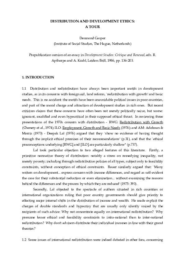 (PDF) Distribution and Development Ethics: A Tour