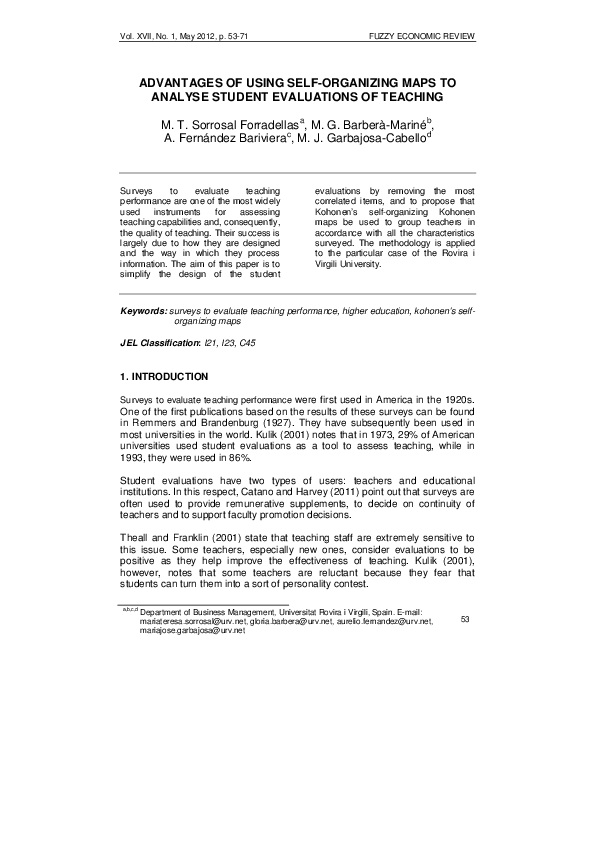 (PDF) ADVANTAGES OF USING SELF-ORGANIZING MAPS TO ANALYSE STUDENT EVALUATIONS OF TEACHING