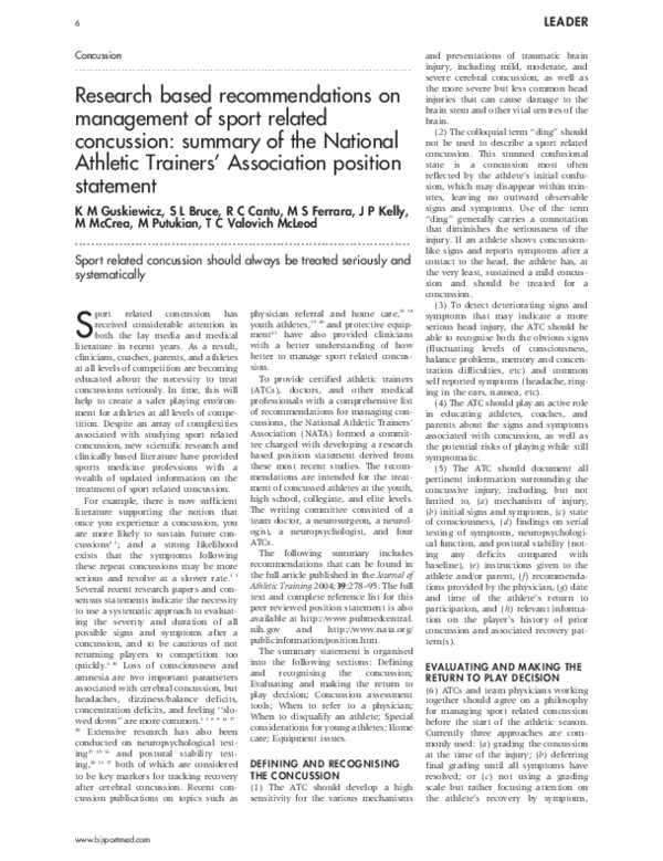 (PDF) Recommendations on Management of Sport-related Concussion: Summary of the National ...