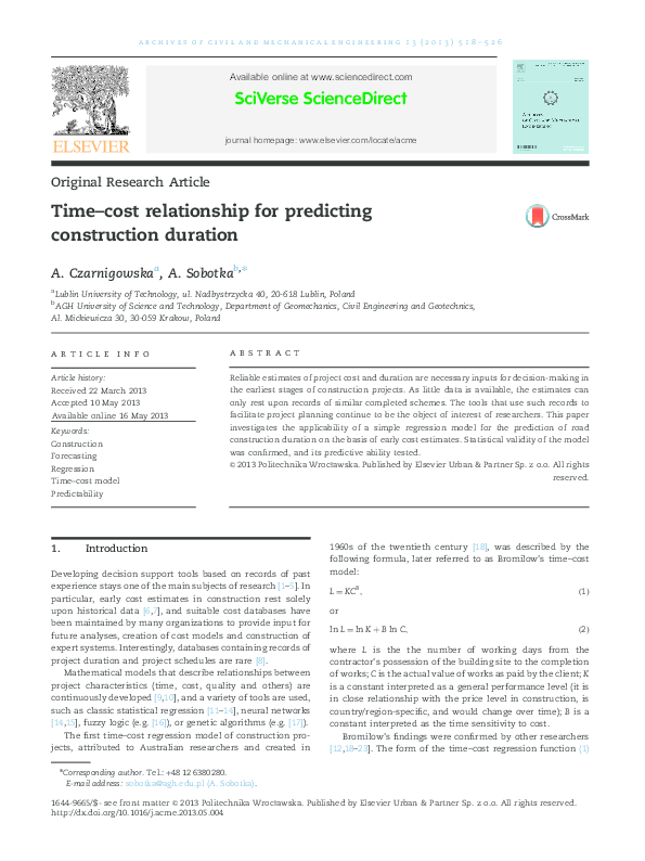 Pdf Time Cost Relationship For Predicting Construction Duration