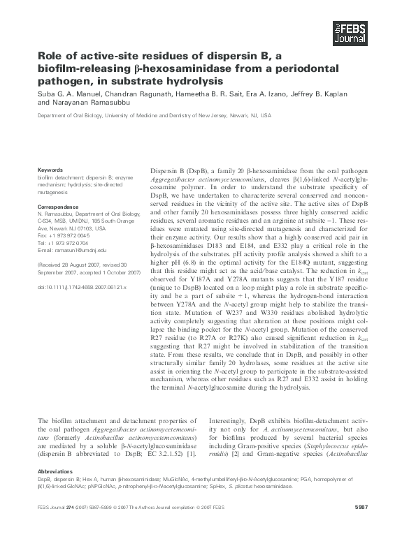 (PDF) Role of active‐site residues of dispersin B, a biofilm‐releasing ...