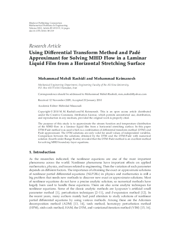 Pdf Using Differential Transform Method And Padé Approximant For Solving Mhd Flow In A Laminar