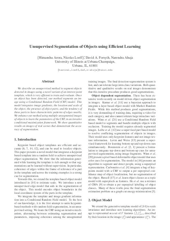 (PDF) Unsupervised Segmentation of Objects using Efficient Learning (PDF) Unsupervised Segmentation of Objects using Efficient Learning