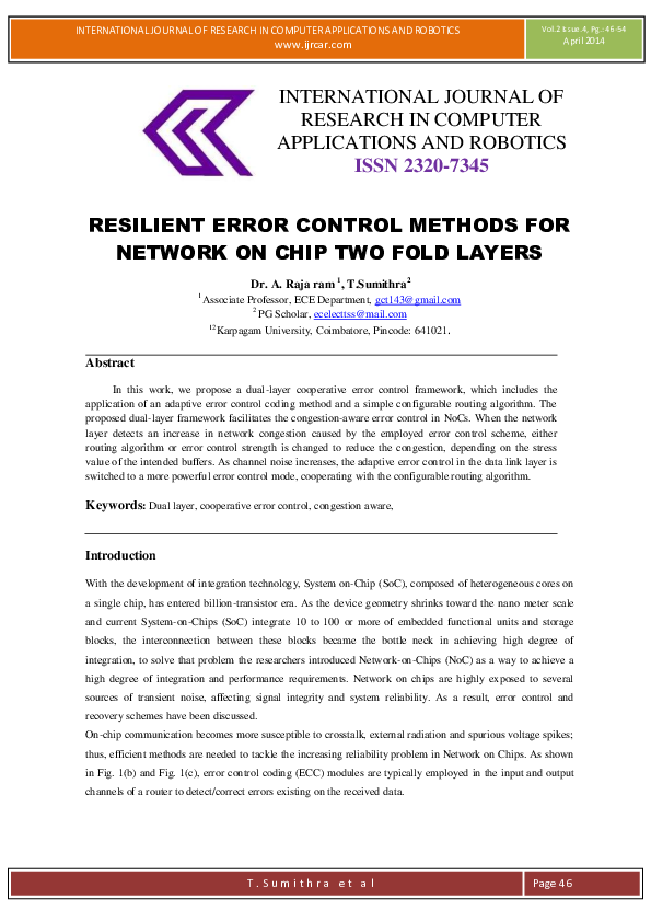 RESILIENT ERROR CONTROL METHODS FOR NETWORK ON CHIP TWO FOLD LAYERS