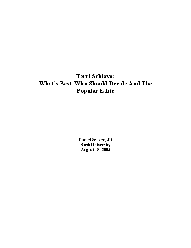 (DOC) Terri Schiavo: What's Best, Who Should Decide And The Popular Ethic