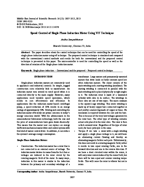 Pdf Speed Control Of Single Phase Induction Motor Using Vf Technique