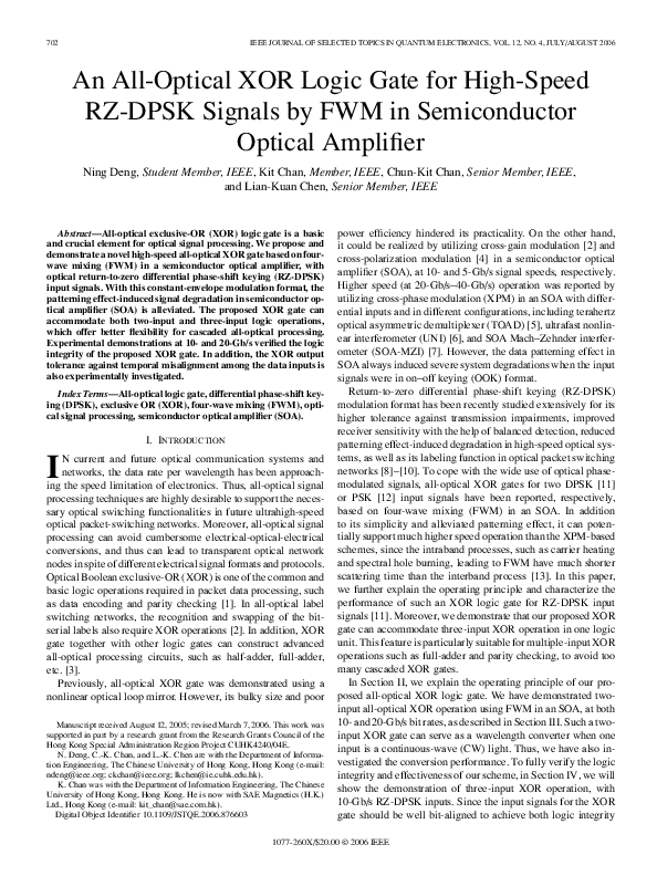 (PDF) An all-optical XOR logic gate for high-speed RZ-DPSK signals by ...