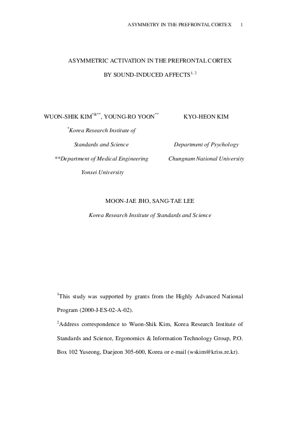 (PDF) ASYMMETRY IN THE PREFRONTAL CORTEX 1 ASYMMETRIC ACTIVATION IN THE PREFRONTAL CORTEX BY ...