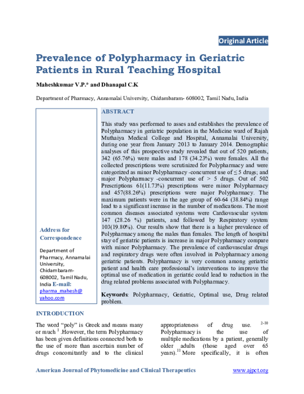 (PDF) Prevalence of Polypharmacy in Geriatric Patients in Rural ...