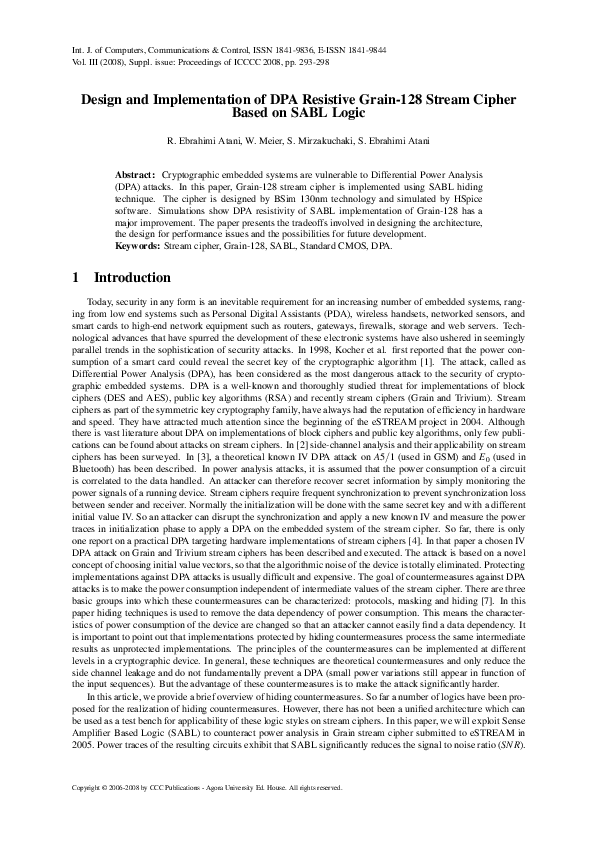 (PDF) Design and Implementation of DPA Resistive Grain128 Stream Cipher Based on SABL Logic ...
