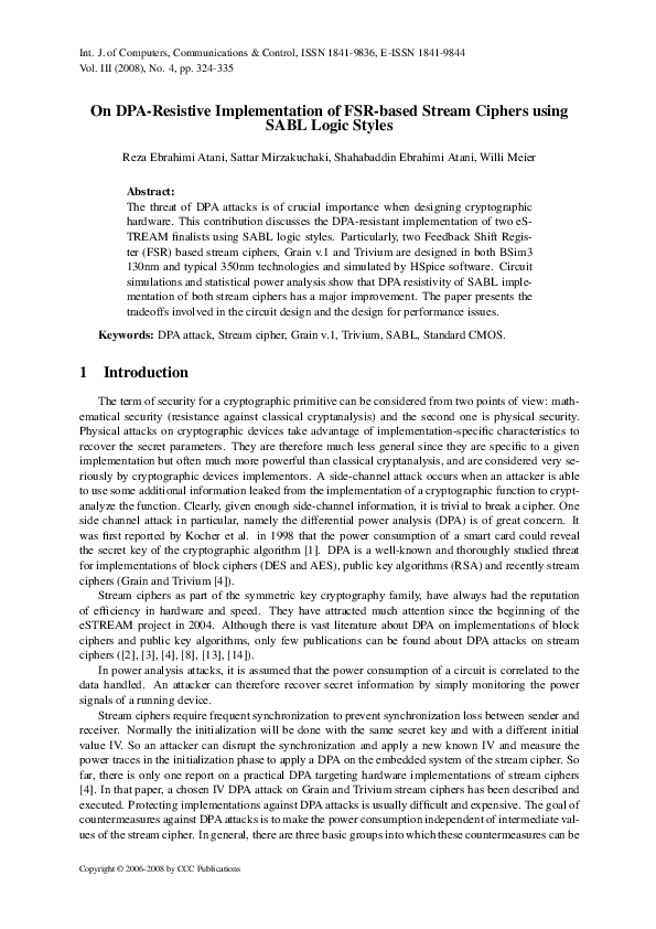 (PDF) On DPA-Resistive Implementation of FSR-based Stream Ciphers using SABL Logic Styles