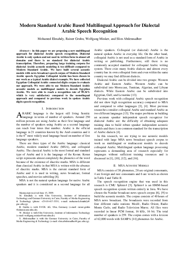 (PDF) Modern standard Arabic based multilingual approach for dialectal Arabic speech recognition