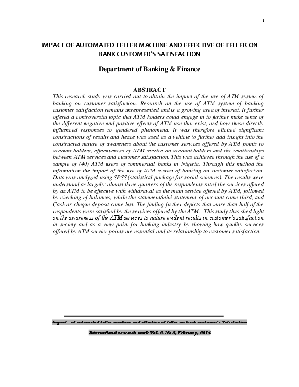 (DOC) IMPACT OF AUTOMATED TELLER MACHINE AND EFFECTIVE OF TELLER ON BANK CUSTOMER’S SATISFACTION