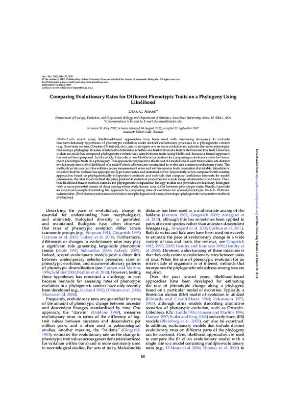 (PDF) Comparing Evolutionary Rates for Different Phenotypic Traits on a ...