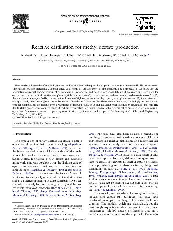 (PDF) Reactive distillation for methyl acetate production