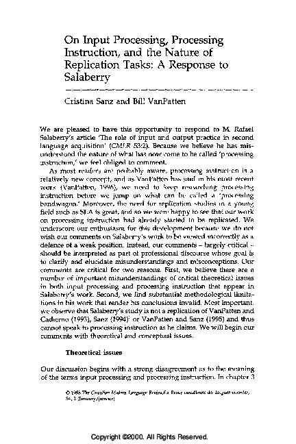 Pdf Sanz C And Vanpatten B 1998 On Input Processing Processing Instruction And The