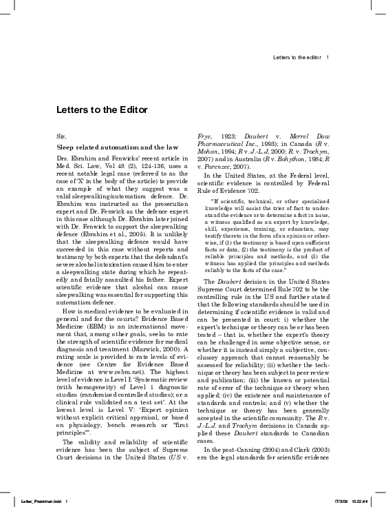 (PDF) Sleep related automatism and the law