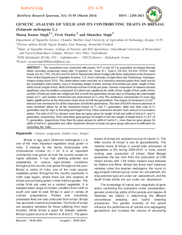 (PDF) Genetic analysis of yield and its contributing traits in brinjal (Solanum melongena L.)