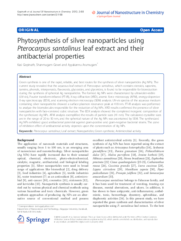 (PDF) O R I G I N A L Phytosynthesis of silver nanoparticles using Pterocarpus santalinus leaf ...