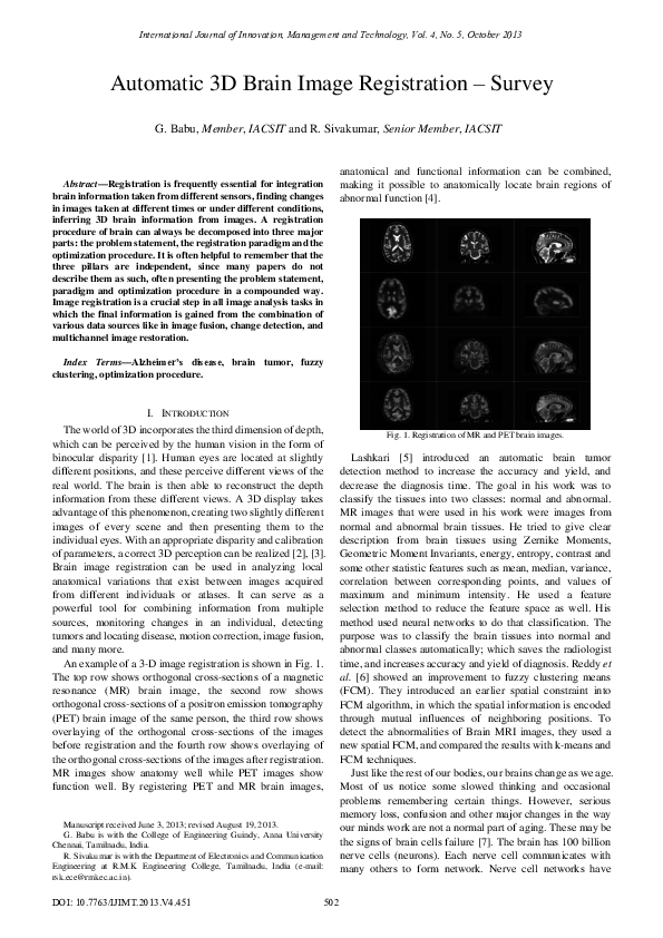 (PDF) Automatic 3D Brain Image Registration – Survey