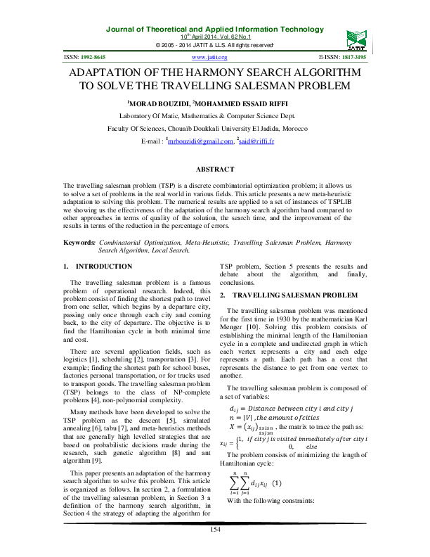 (PDF) Adaptation of the Harmony Search Algorithm to solve the travelling salesman problem