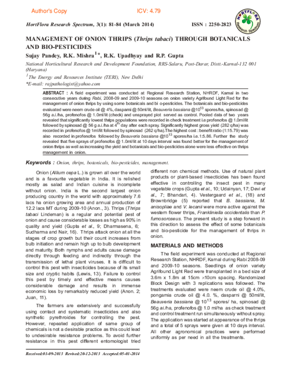 (PDF) Management of onion thrips (Thrips tabaci) through botanicals and bio-pesticides a