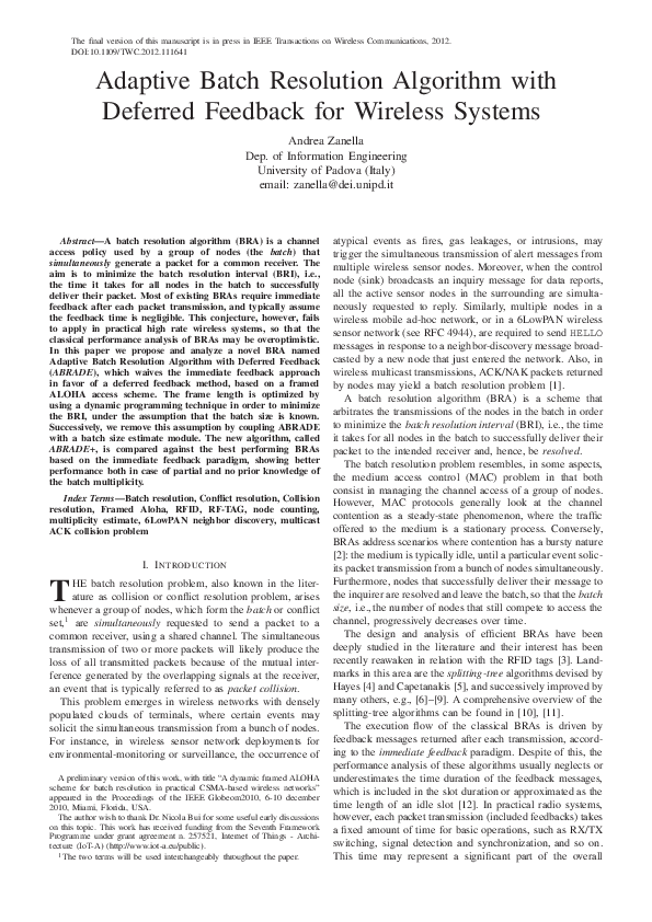 (PDF) Adaptive Batch Resolution Algorithm with Deferred Feedback for Wireless Systems