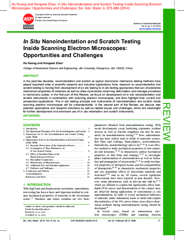 Pdf In Situ Nanoindentation And Scratch Testing Inside Scanning