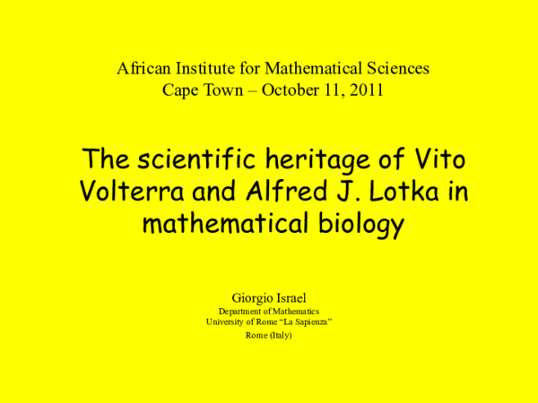 (PPT) The Scientific Heritage of Vito Volterra and Alfred Lotka in ...